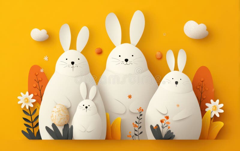 Three White Rabbits Surrounded by Flowers and Leaves on a Bright Yellow ...