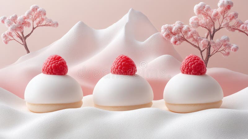 Three White Raspberry Dome Cakes on a Sugar Landscape with Pink Cherry ...