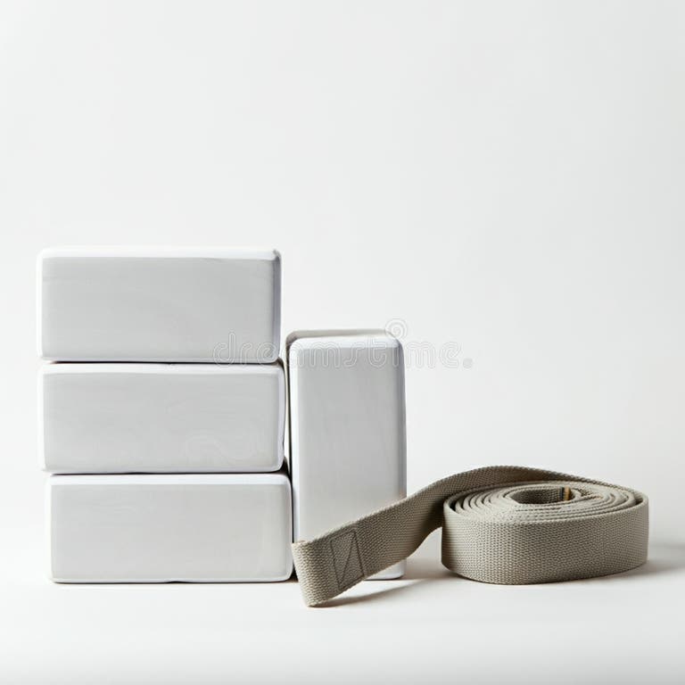 Three White Rectangular Yoga Blocks are Stacked beside a Rolled Beige ...