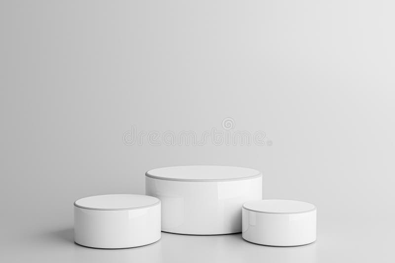 Three White Round Podiums for Product Presentation on Gray Background ...