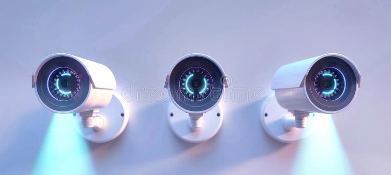 Three White Security Cameras with Glowing Holographic Projections are ...