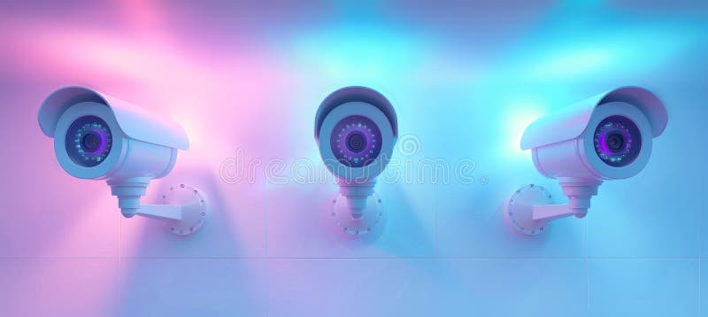Three White Security Cameras are Mounted on a White Wall, Illuminated ...