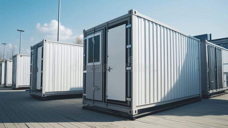 Three White Shipping Containers are Stacked on Top of Each Other Stock ...