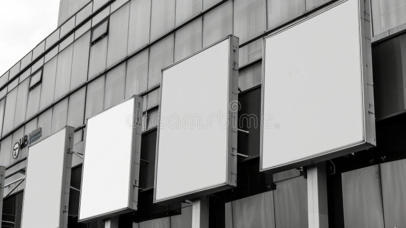 Three White Signs are Hanging from the Side of a Building Stock Image ...