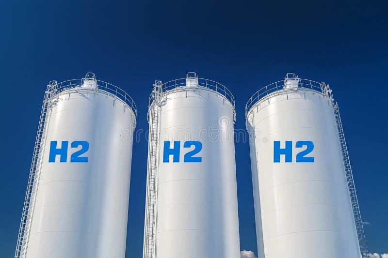 Three White Silos in Which Hydrogen is Stored, Labeled with Blue Text ...