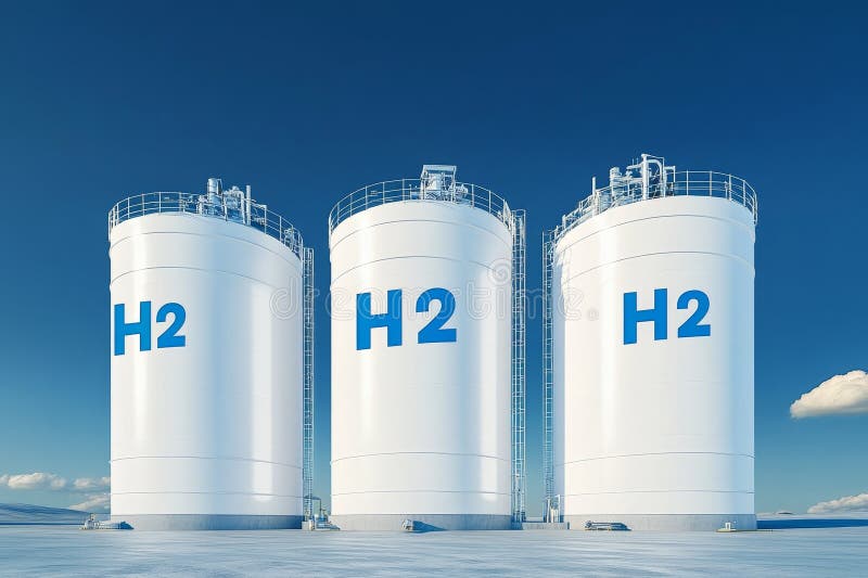 Three White Silos in Which Hydrogen is Stored, Labeled with Blue Text ...