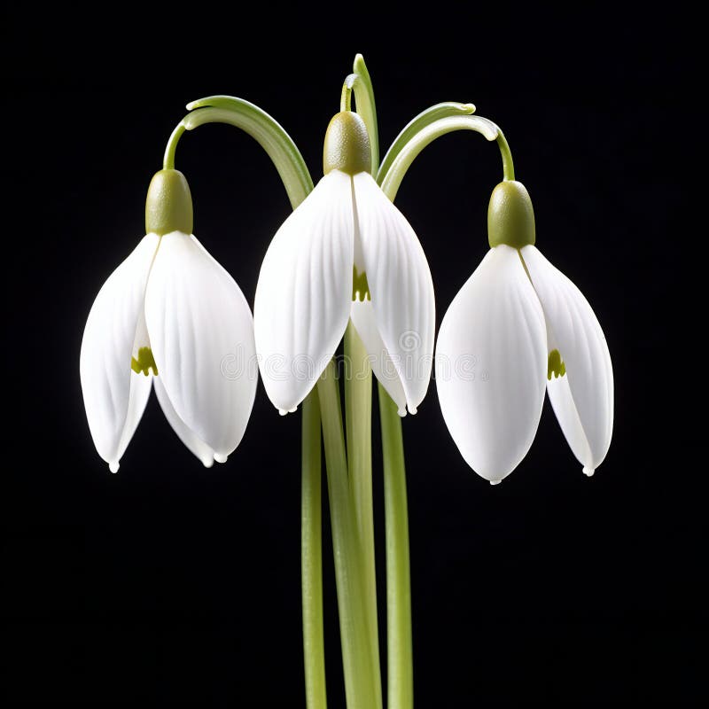Three White Snowdrops on a Black Background, Shallow Depth of Field ...