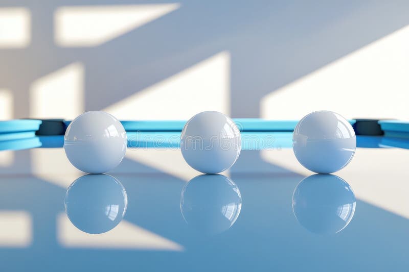 Three White Spheres Arranged in a Line on a Reflective Blue Surface ...