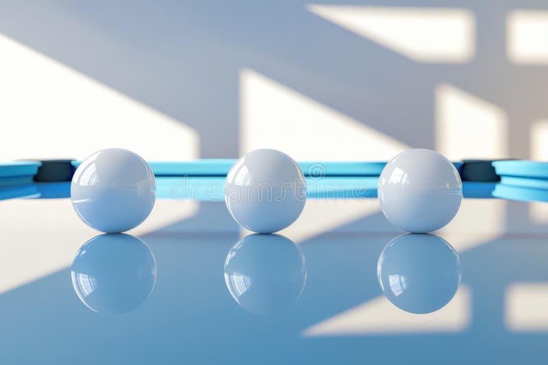 Three White Spheres Arranged in a Line on a Reflective Blue Surface ...