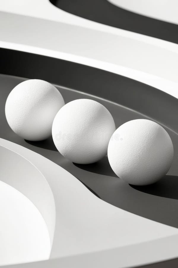 Three White Spheres Resting on a Black and White Curved Surface. Stock ...