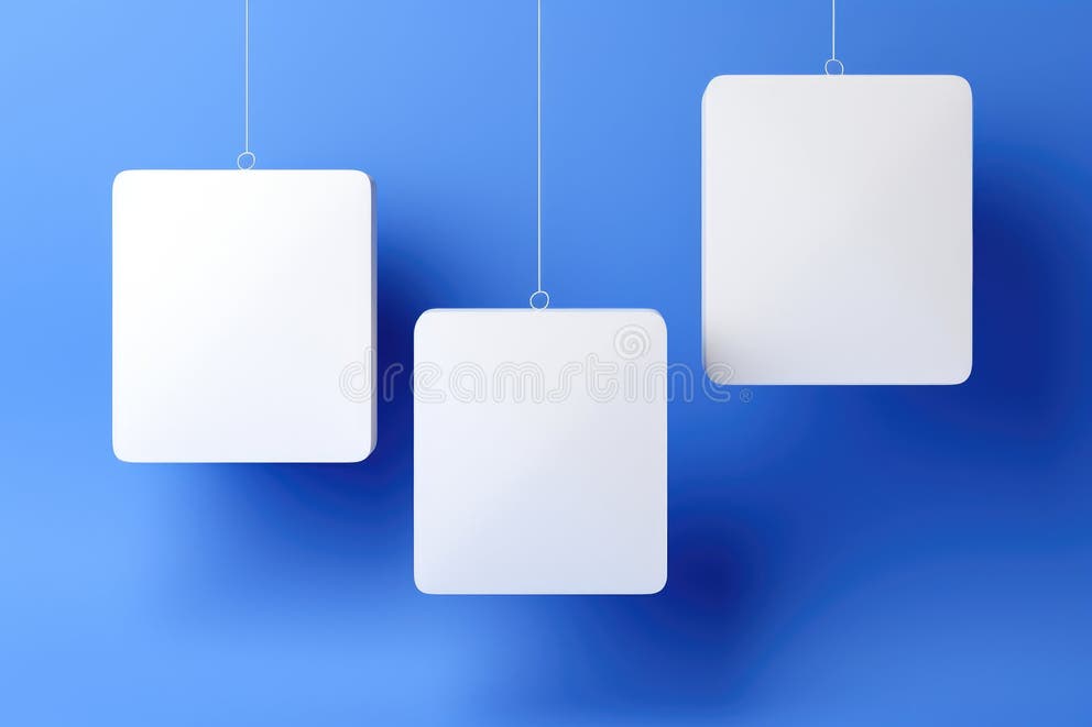 Three White Square Signs Hanging from Strings on Blue Background ...