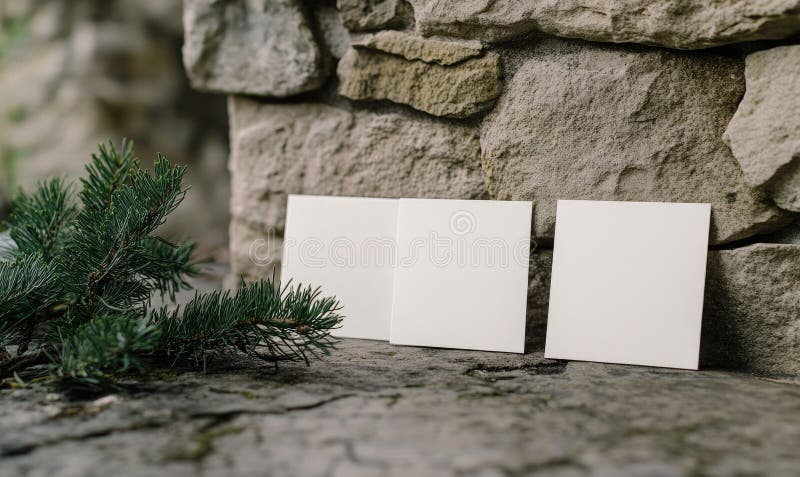 Three White Squares are on a Stone Wall Next To a Pine Tree Stock Photo ...