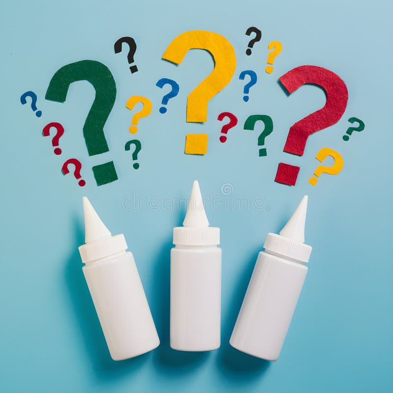 Three White Bottles, Colorful Question Marks Emerging, Light Blue ...