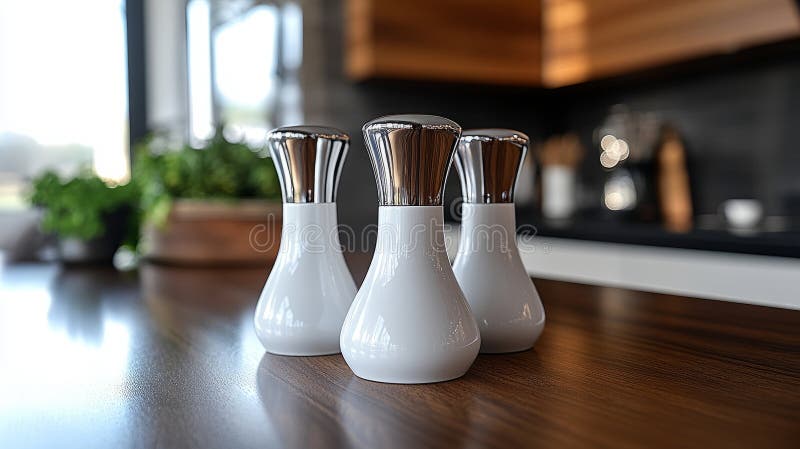 Three White and Stainless Steel Salt and Pepper Shakers in a Modern ...