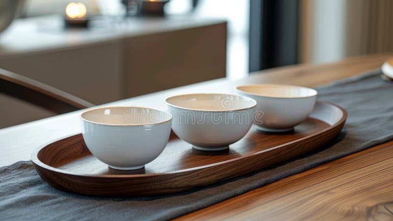 Three White Tea Cups Wooden Tray Dining Table Stock Photos - Free ...