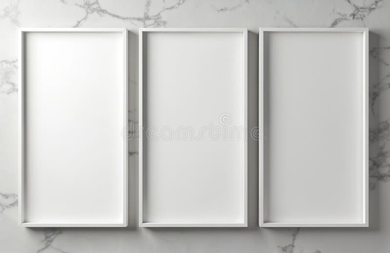 Three White Vertical Rectangle Poster Mockups on Marble Wall Flat Lay ...