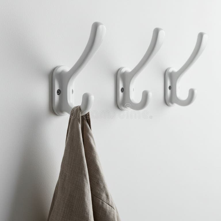 Three White Wall Hooks are Mounted in a Row on a Smooth, White Wall ...