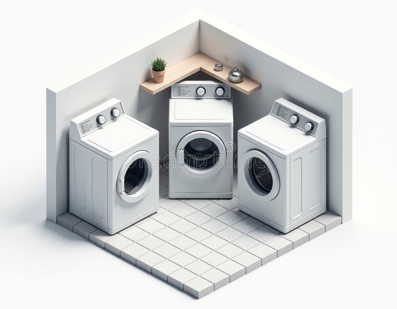 Three White Washing Machines in a Modern Laundry Room Stock ...