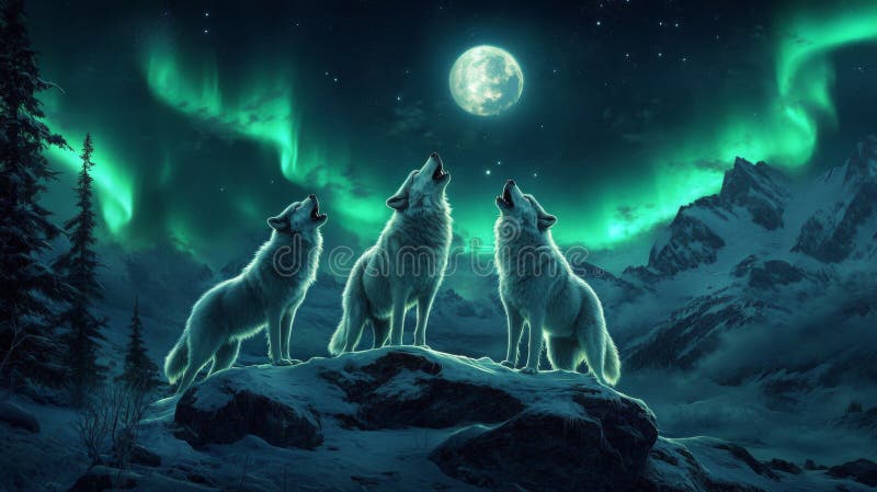 Three White Wolves Howling at the Moon and Aurora Borealis Stock ...