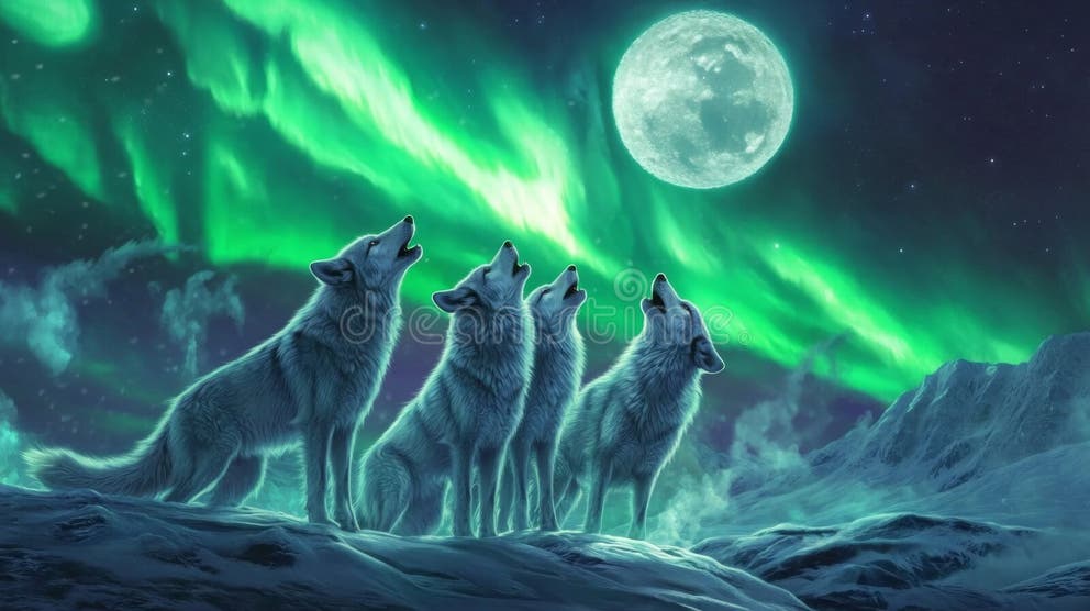 Three White Wolves Howling at the Moon Under the Northern Lights Stock ...