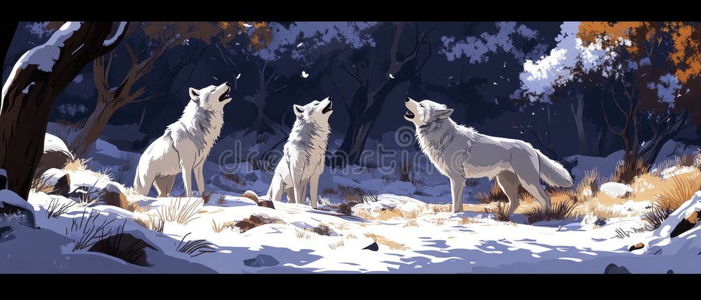 Three White Wolves Howling in Snowy Winter Forest Stock Image - Image ...