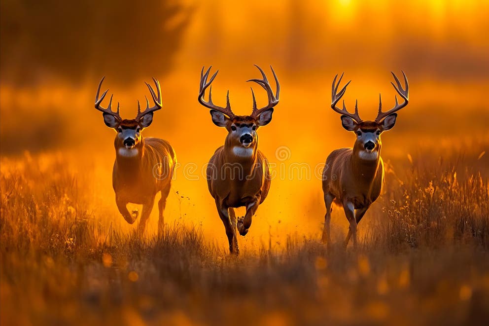 Three Whitetail Deer Running through a Field at Sunset Stock Photo ...