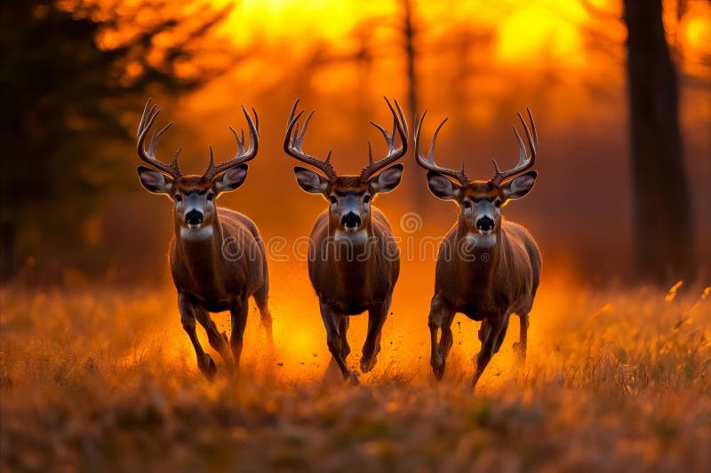 Three Whitetail Deer Running through the Woods at Sunset Stock Photo ...