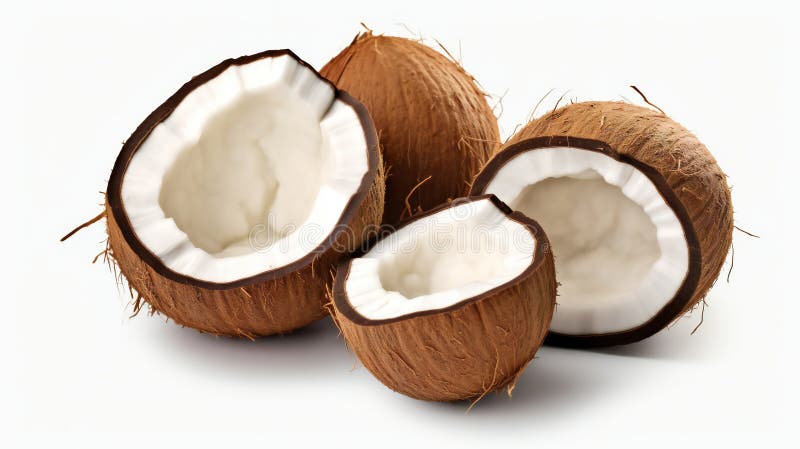 Three Whole Coconuts and One Halved Coconut. Generative Ai Stock Image ...