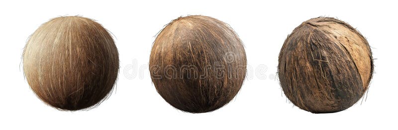 Three Whole Coconuts, with Varying Shades of Brown and Textures, are Arranged in a Row, Isolated ...
