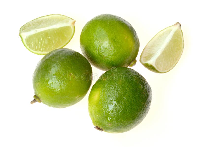 Three Whole Limes and One Sliced Isolated on White Background Stock ...