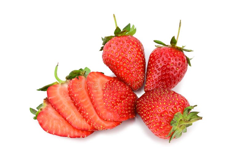 Three Whole Ripe Strawberries and One Cut into Thin Slices Stock Image ...