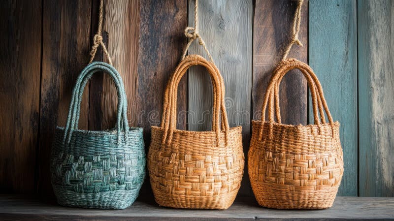 Three Wicker Baskets Hanging on Wooden Wall Stock Illustration ...