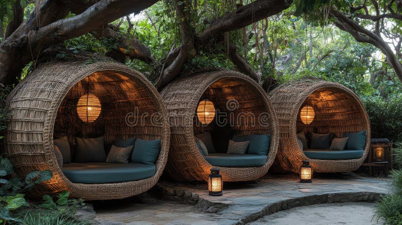 Three Wicker Resting Pods Nestled Beneath a Canopy of Trees Stock Image ...