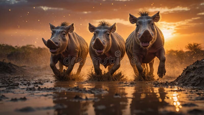 Three Desert Warthogs Running at Sunset in Mud Stock Illustration ...