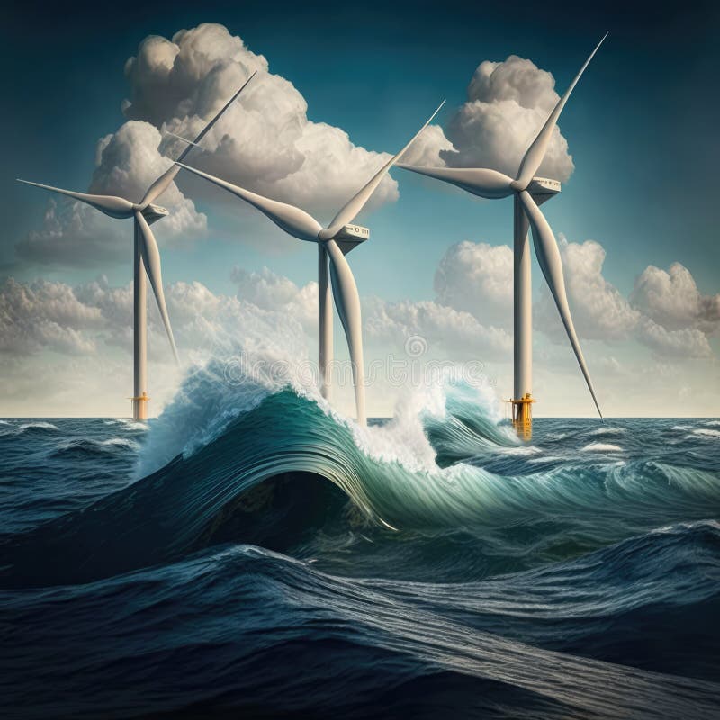 Three Wind Turbines in Ocean and Clouded Sky Stock Illustration ...