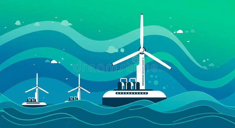 Three Wind Turbines are Positioned on Floating Platforms in a Stylized ...