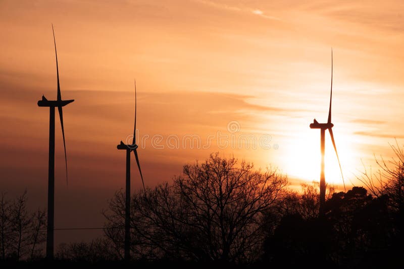 Three Wind Turbines at Sunset Stock Image - Image of clouds, ecology ...