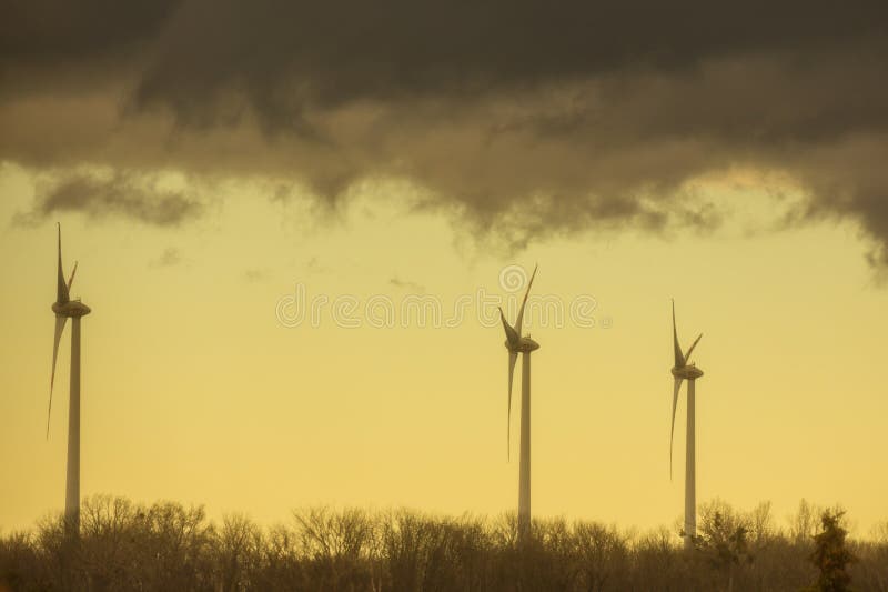Three Windmills in a Flat Landscape with Dark Rainclouds and Yellow ...