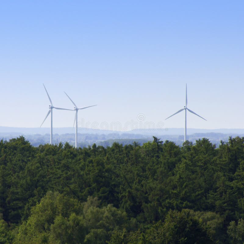 Three Windmills in a Forest Landscape with a Blue Sky Stock Image ...