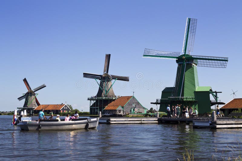 Three Windmills in a Row in Zaanse Schans, Netherlands Editorial Image ...