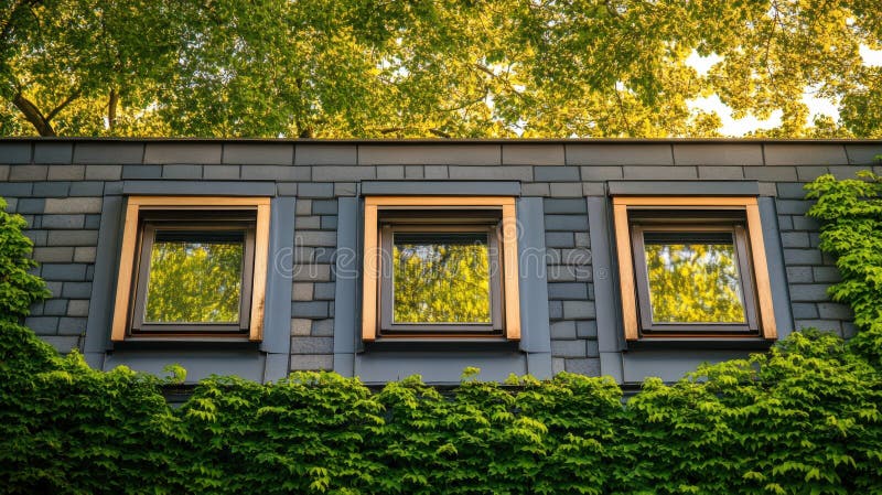 Three Windows on a Brick Wall with Ivy. AI Generated Stock Illustration ...