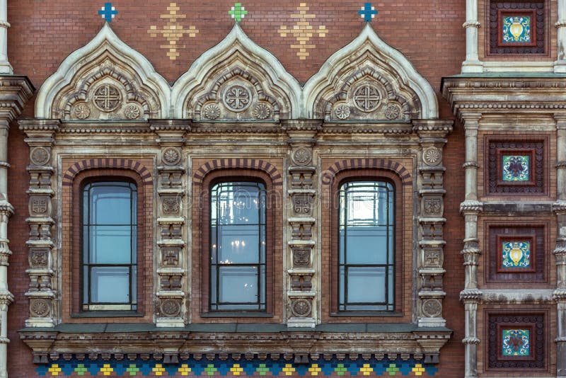 Three Windows on the Brick Wall Stock Image - Image of cross, detailed ...