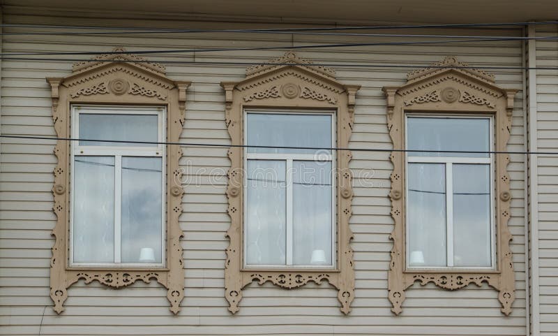 Three Windows with Carved Platbands Stock Image - Image of architecture ...
