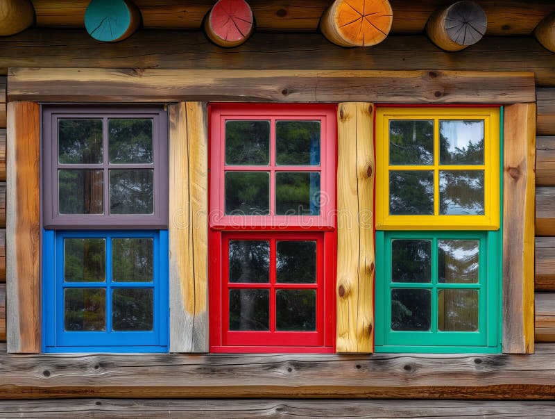 Three Windows with Colorful Frames and Panes Stock Photo - Image of ...
