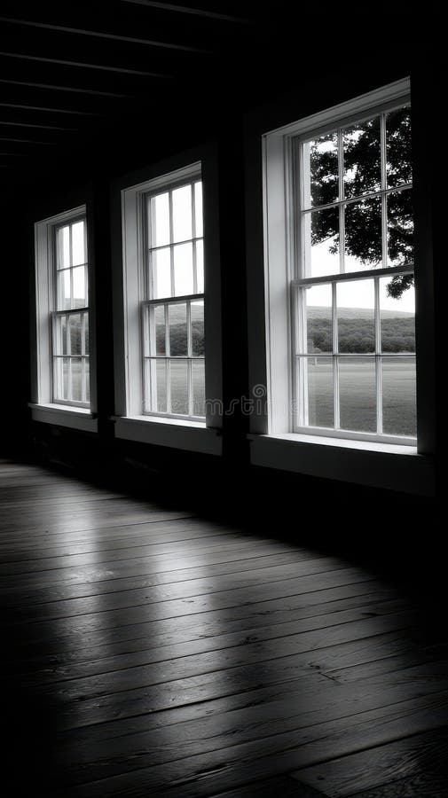 Three Windows in Dark Room Overlooking Meadow, Black and White Interior ...