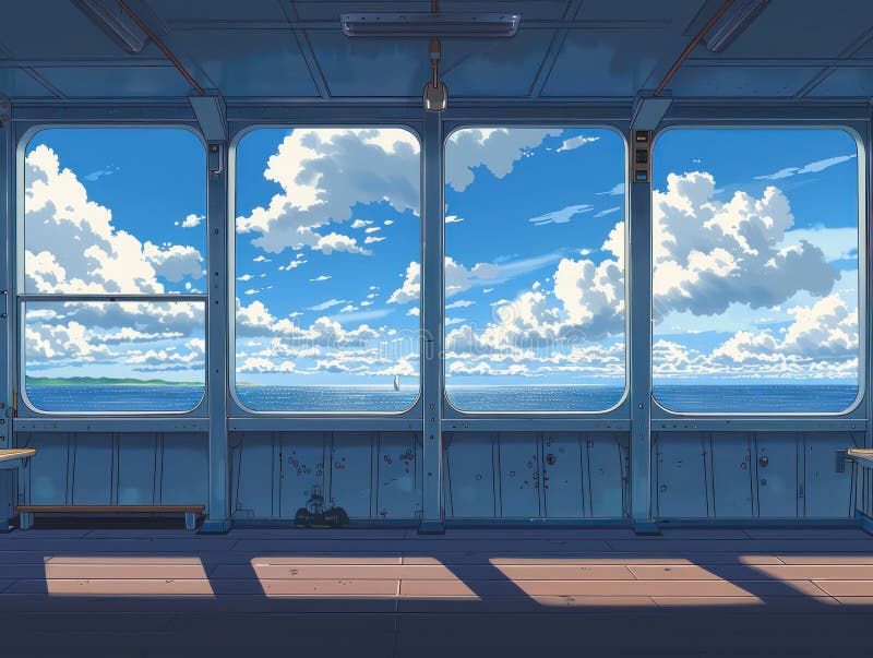 Three Windows Frame Ocean View with Blue Frames and White Curtains ...