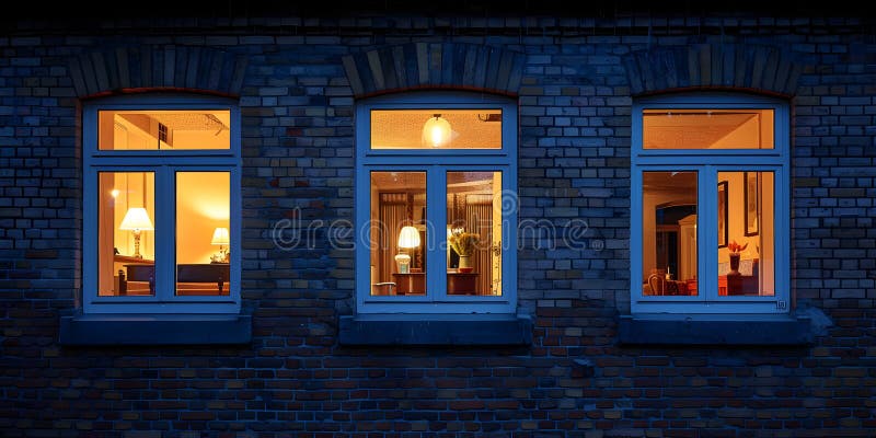 Three Windows with Light in the House Stock Image - Image of building ...