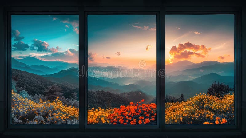 Three Windows with Mountains in the Background Stock Image - Image of ...