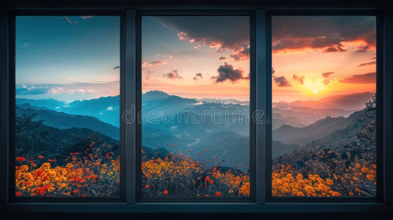 Three Windows with Mountains in the Background Stock Photo - Image of ...
