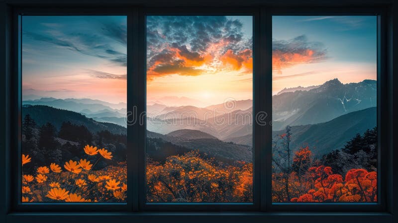Three Windows with Mountains in the Background Stock Photo - Image of ...
